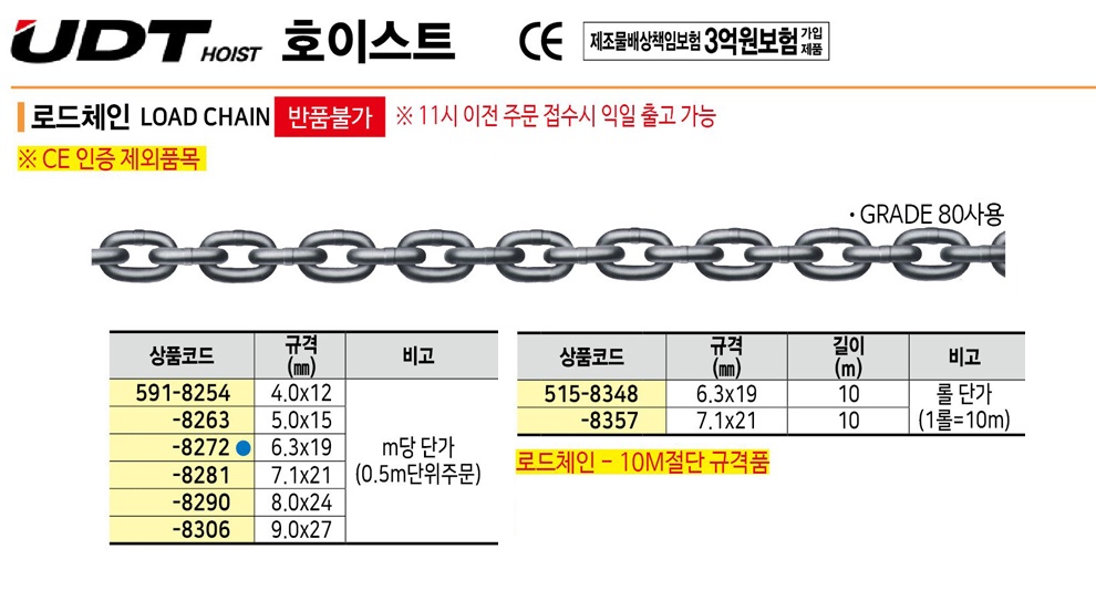 UDT 로드체인 규격선택